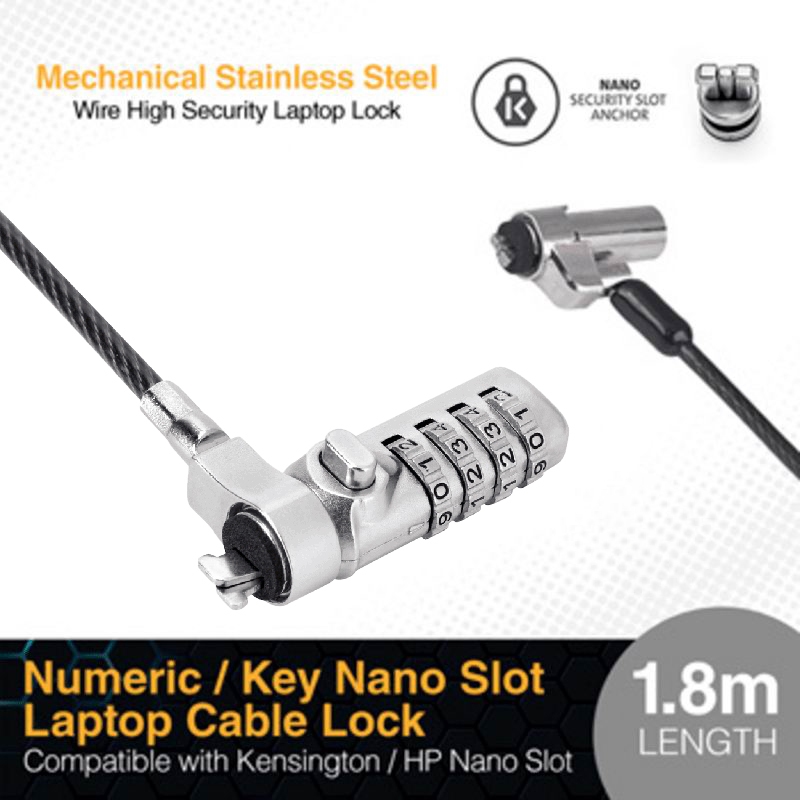 1.8m Numeric/Key nano laptop cable lock Compatible with Kensington Nano ...