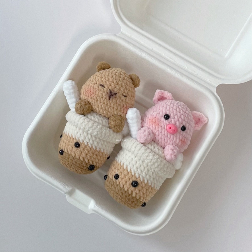 handmade crochet capybara pig animal bubble tea bbt boba milk tea ...