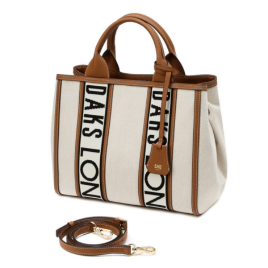 DAKS Brown Canvas Bag, Signature Calfskin Color Block Tote, Detachable ...