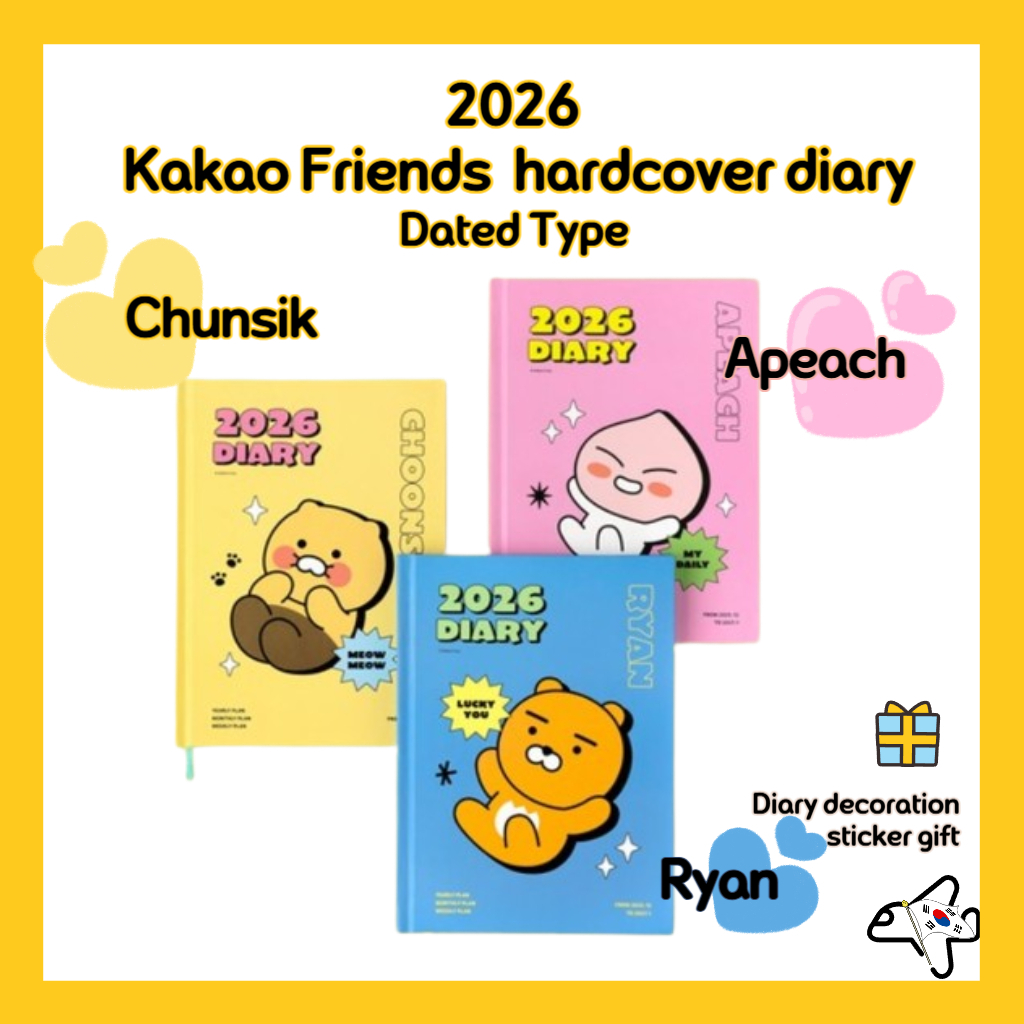 Kakao Friends 2026 Hardcover Diary/Chunsik Diary /Ryan Diary /Apeach ...