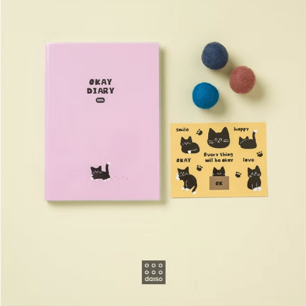 DAISO KOREA 2026 OKAY Diary with Cat Sticker Set, 80 Sheets, PVC Cover ...