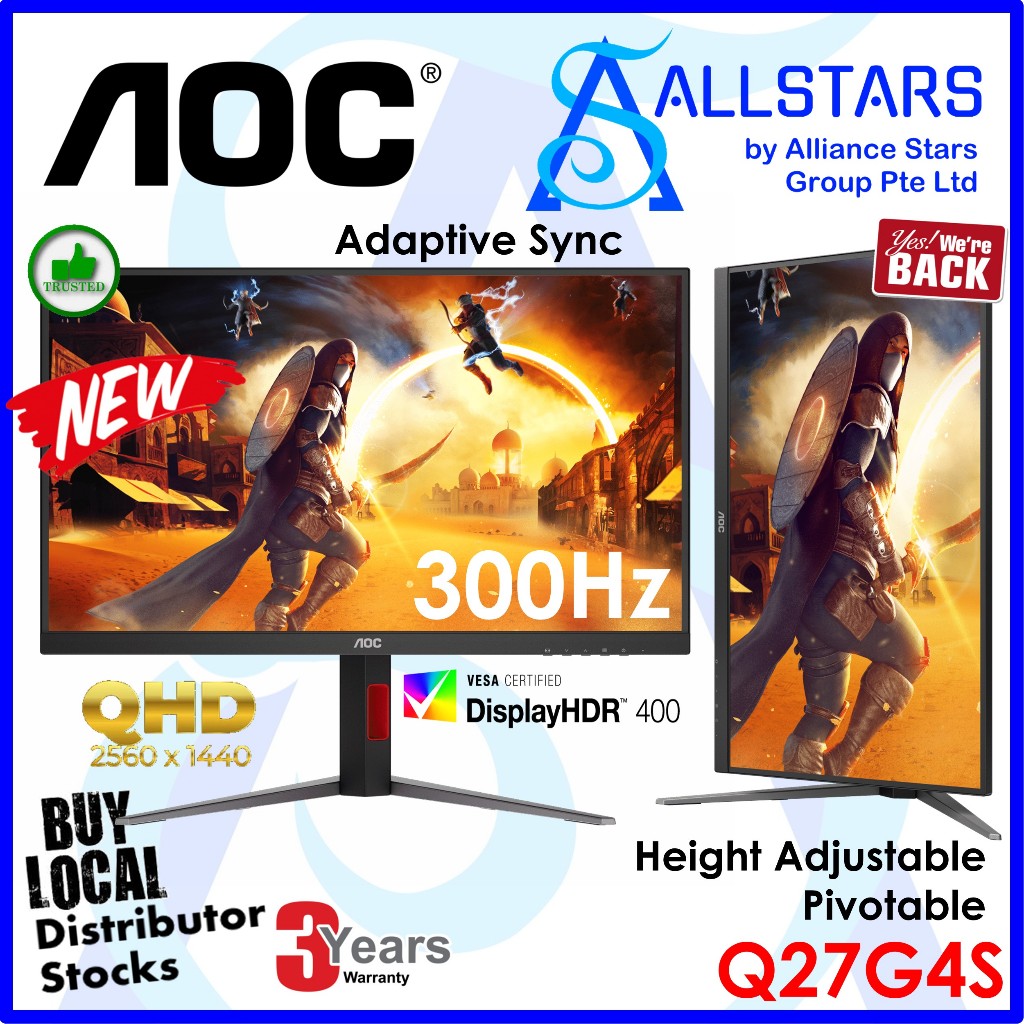 AOC 27" Q27G4S Fast IPS QHD 300Hz Gaming Monitor (Warranty 3years on ...