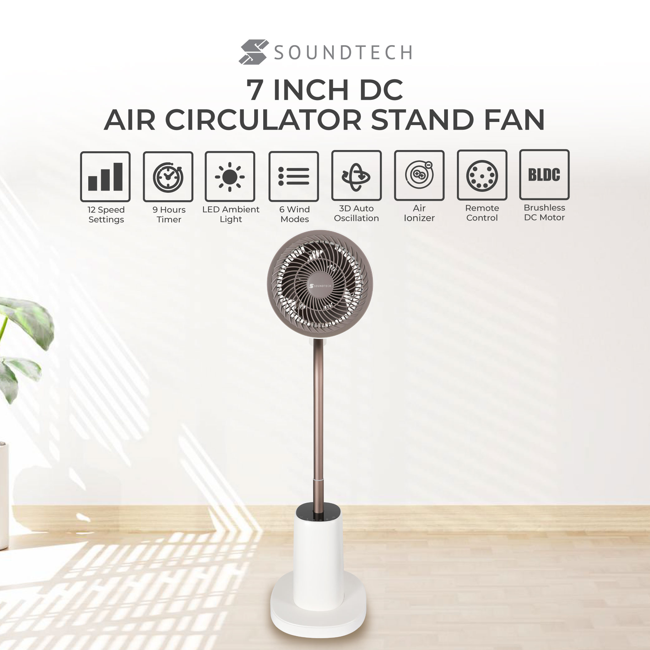 SOUNDTECH 12 Speeds BLDC 7Inch Stand Fan with Remote Control Air ...