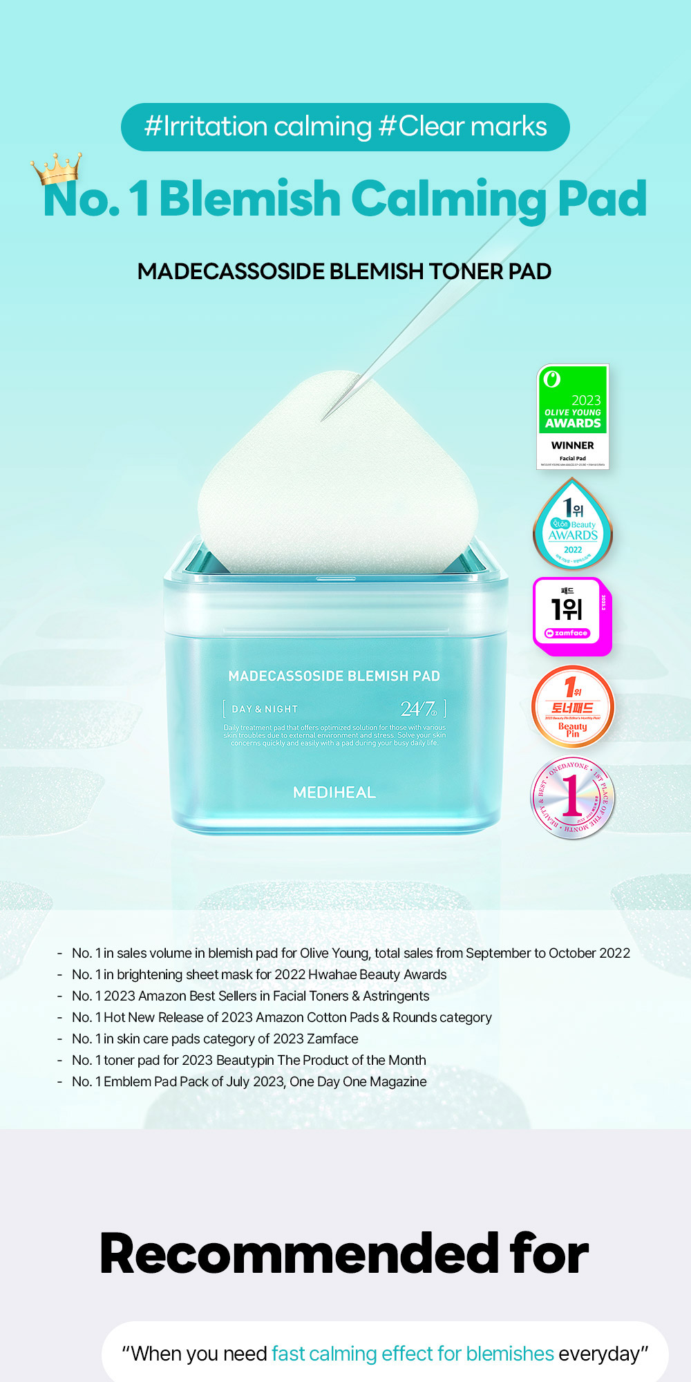 [100+100] MEDIHEAL OFFICIAL Madecassoside Blemish Toner Pad (100ea ...