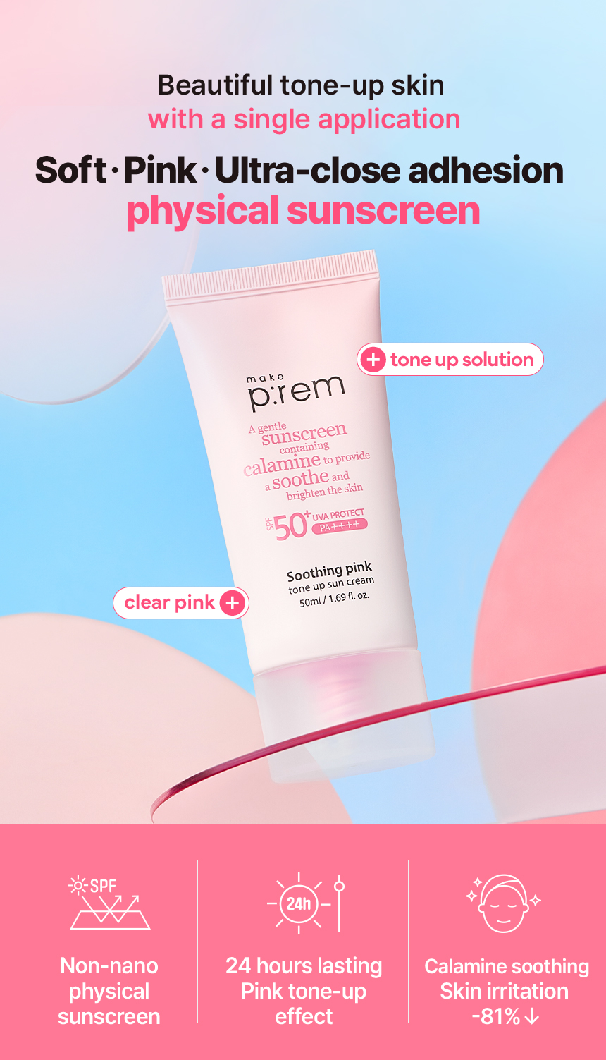 MAKE PREM Soothing Pink Tone Up Face Sunscreen Sunblock 50ml(Physical ...