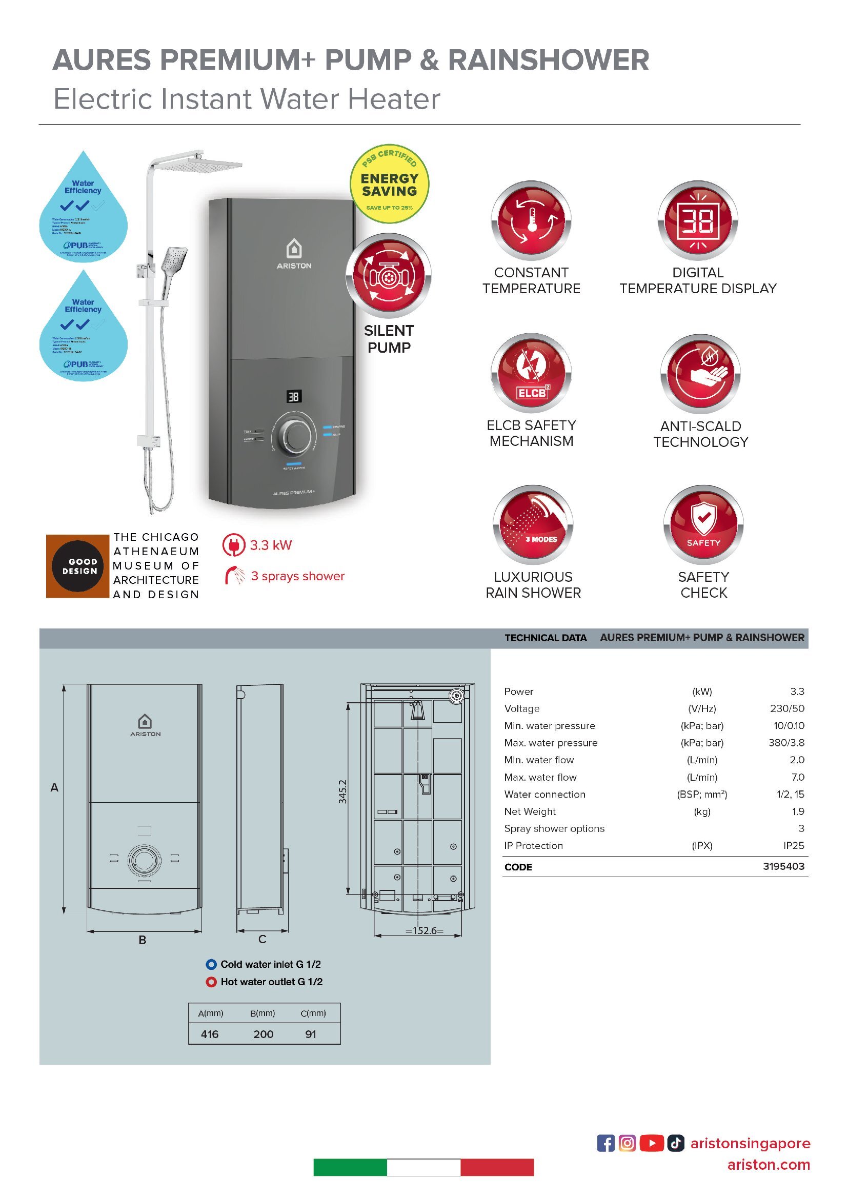 ARISTON AURES PREMIUM+ 3.3P RS INSTANT WATER HEATER WITH RAIN SHOWER ...