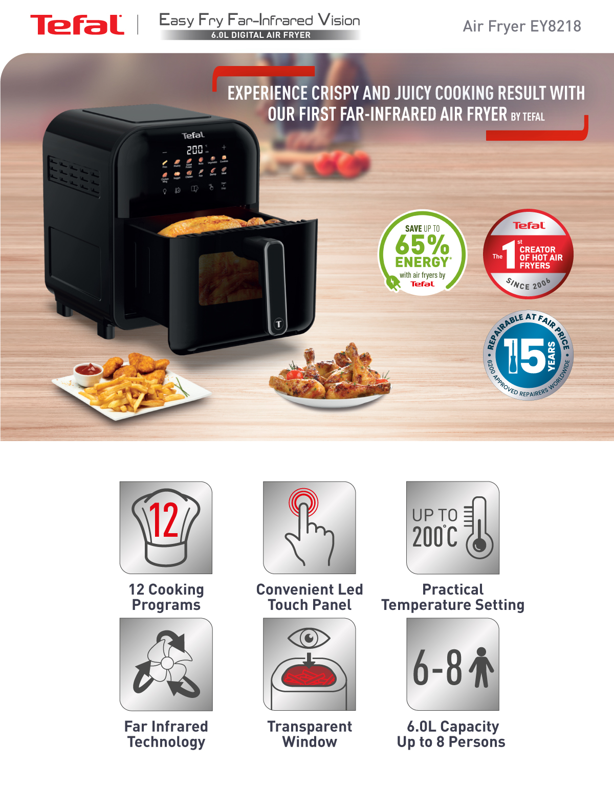 Tefal Easy Fry Far-Infrared Vision Digital Air Fryer with Window 6L ...