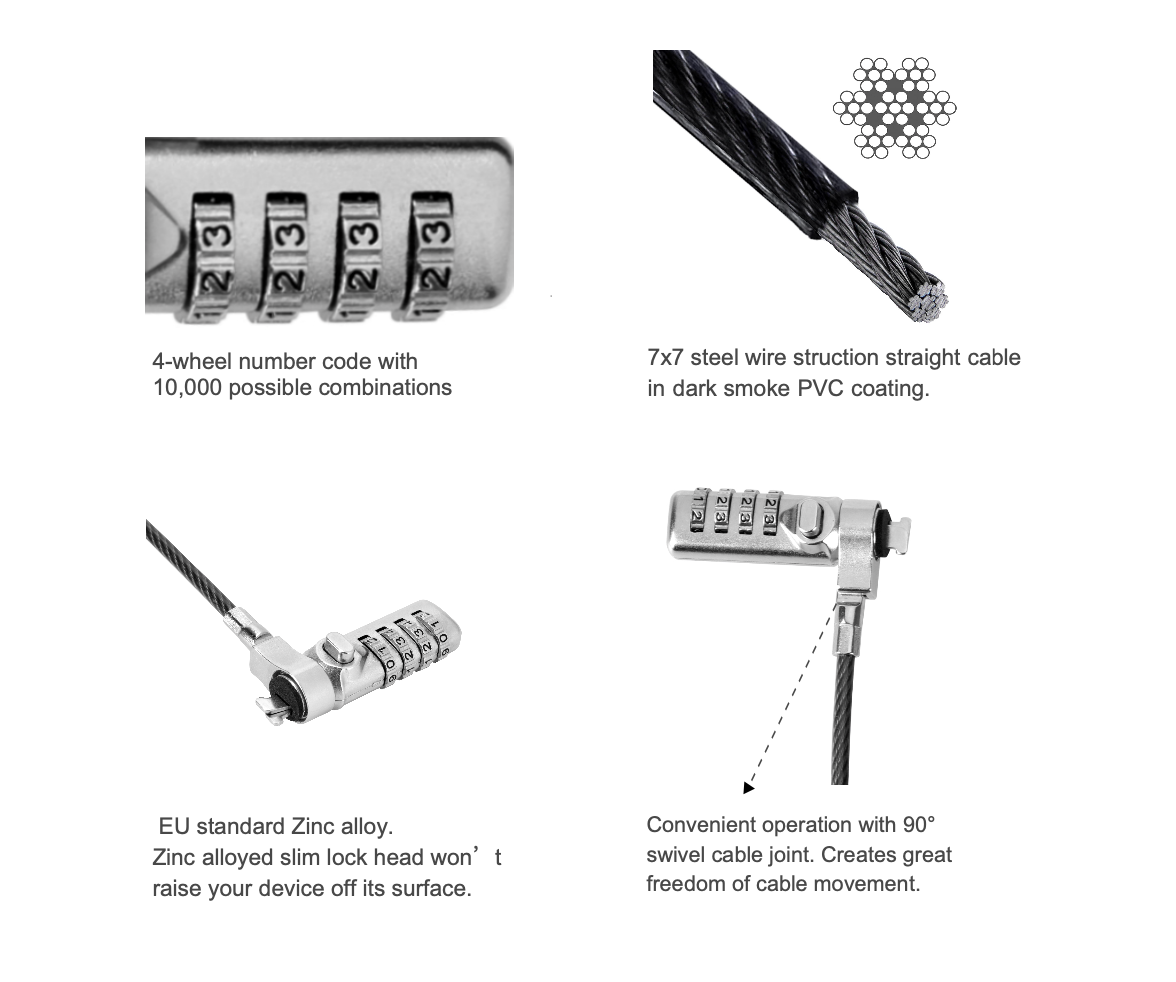 1.8m Numeric/Key nano laptop cable lock Compatible with Kensington Nano ...