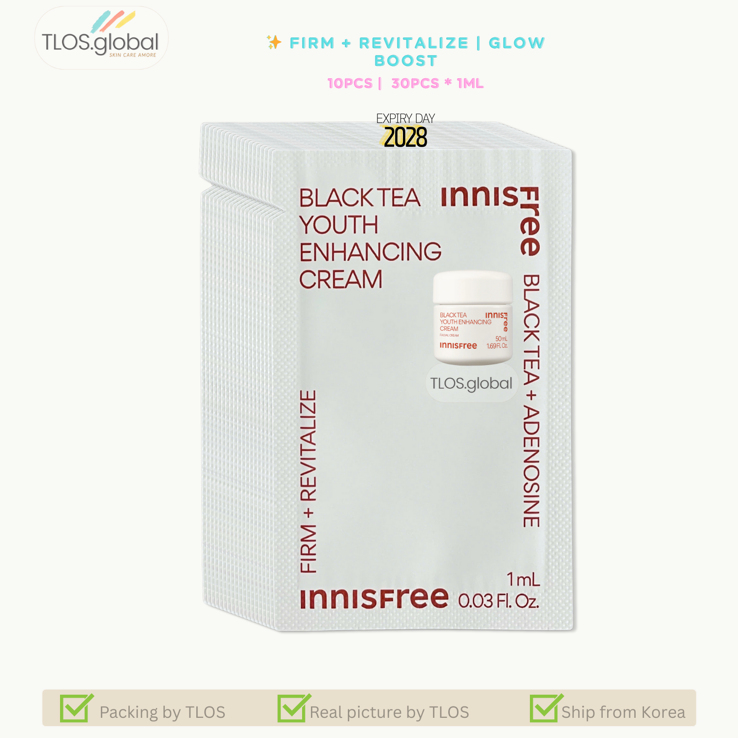 10pcs or 30pcs Innisfree Black Tea Youth Enhancing Cream 1ml Sachets ...