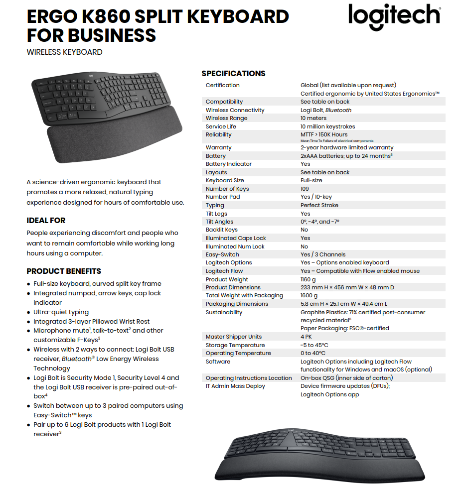 Logitech ERGO K860 Split Keyboard For Business | Graphite | Shopee ...