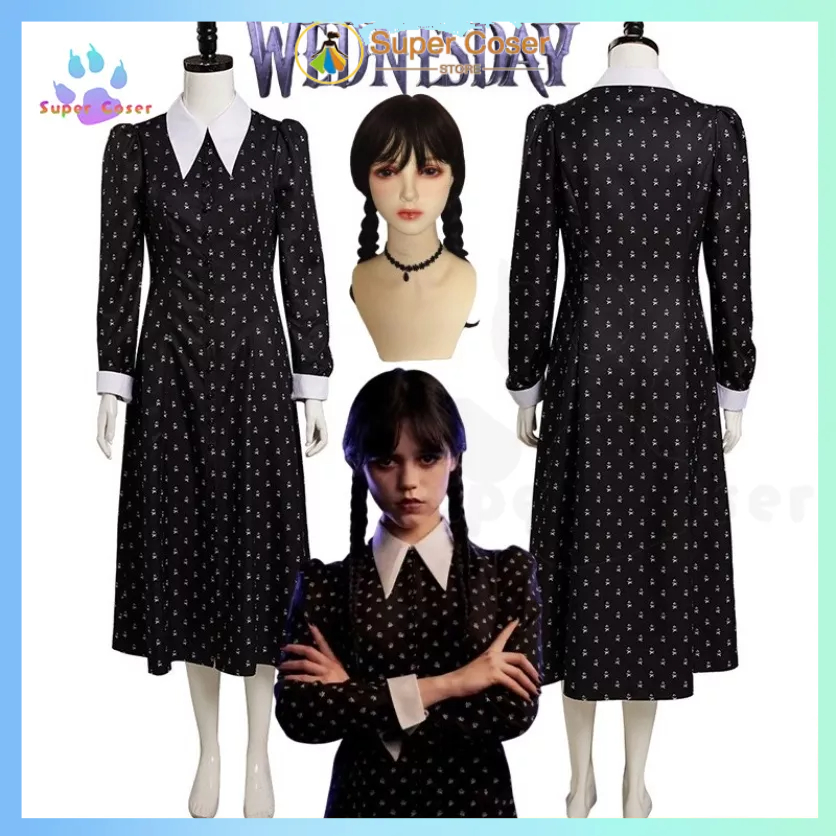 2022 Wednesday Addams Cosplay Costume Women Black Dress Halloween ...
