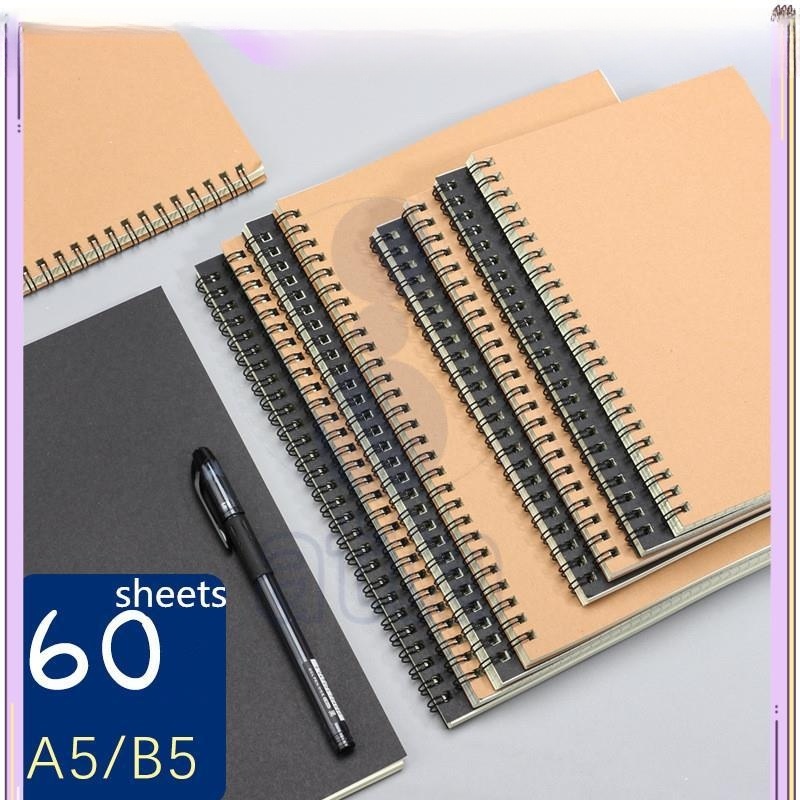 Premium A5/B5 Spiral Notebook with Durable Kraft or Black Cover, 60 Sheets, Lined Grid and Blank ...