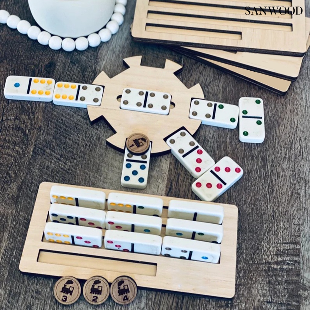Sanwood Mexican Train Domino Hub 4 Domino Trays 9 Tokens Wooden Gaming ...
