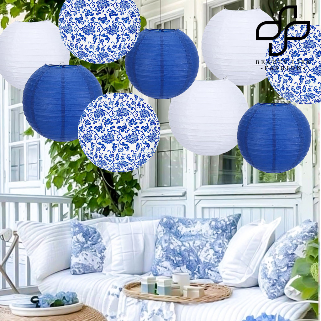 [BEA]™9 Pcs Blue And White Chinoiserie Lantern Hanging Round Paper ...