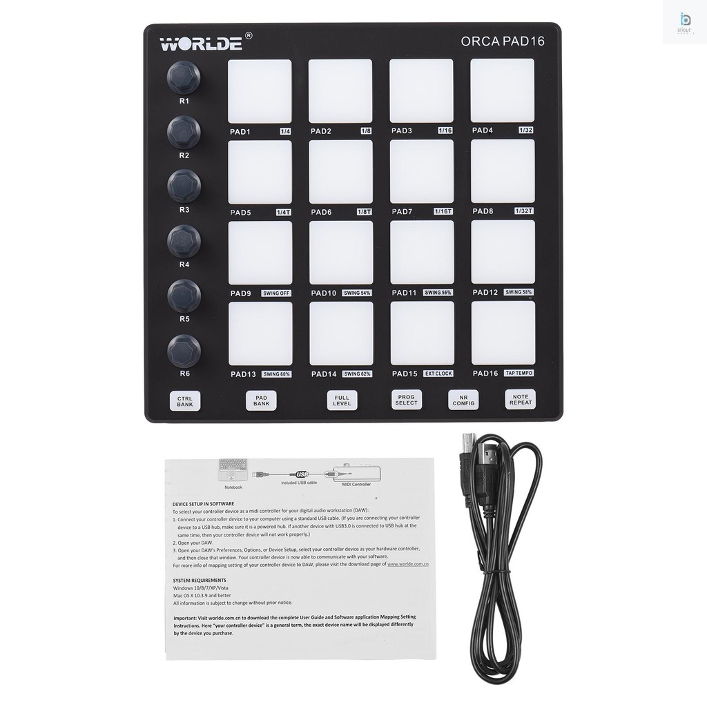 WORLDE MIDI Controller Beat Maker Machine 6 Assignable Knobs Note Repeat Full Level Buttons and ...