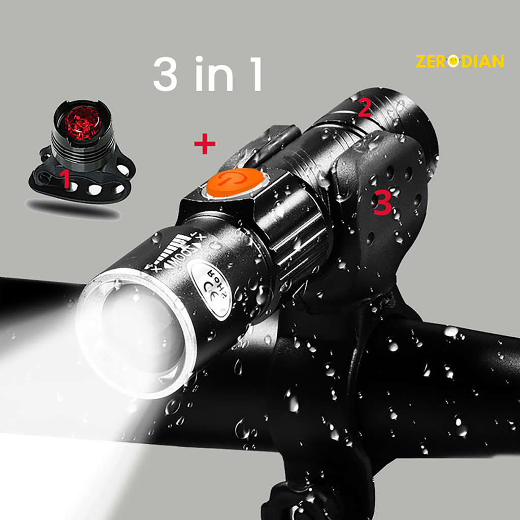 Zerodian Bicycle Headlight Telescopic Zoom USB Rechargeable Modes ...