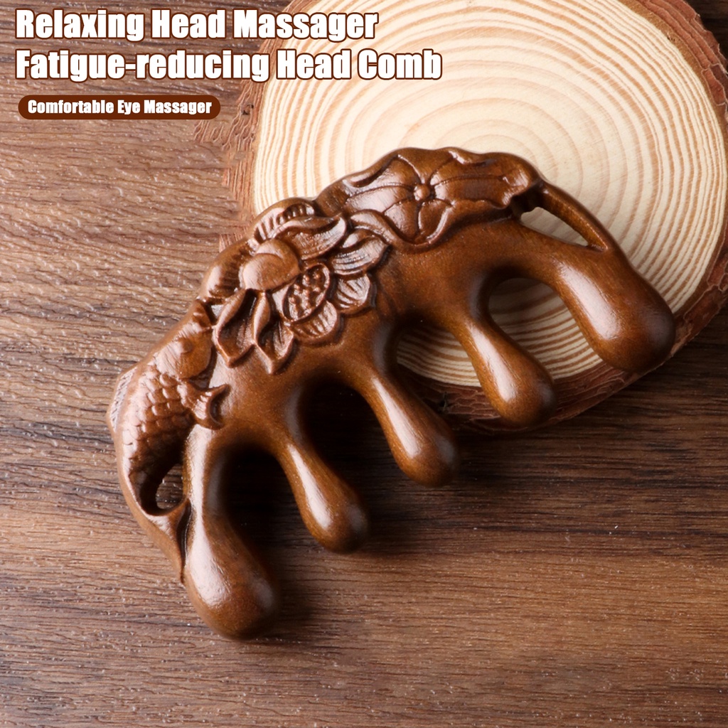 [laed] Sandalwood Scalp Massage Comb Wide Teeth Carved Lotus Fish Hair ...