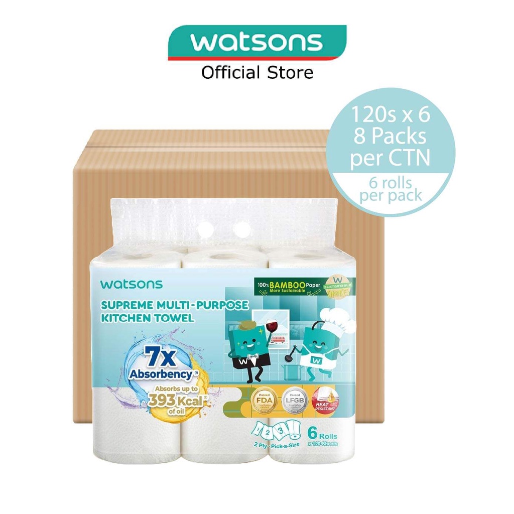 WATSONS Supreme Multi-Purpose Kitchen Towel 2 Ply Sheet 120s x 6 Rolls ...