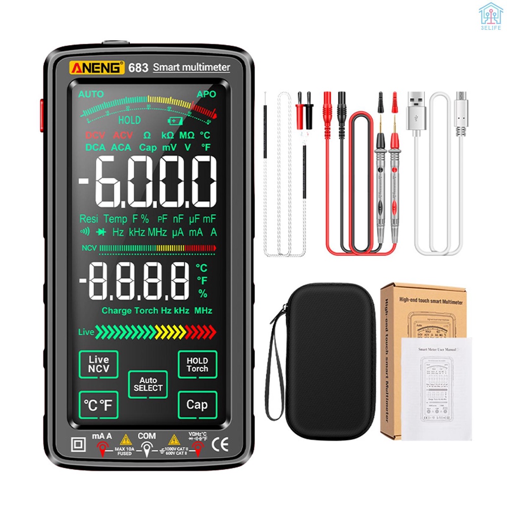 ANENG 683 6000 Counts Large Touch Screen Digital Multimeter Smart Anti ...