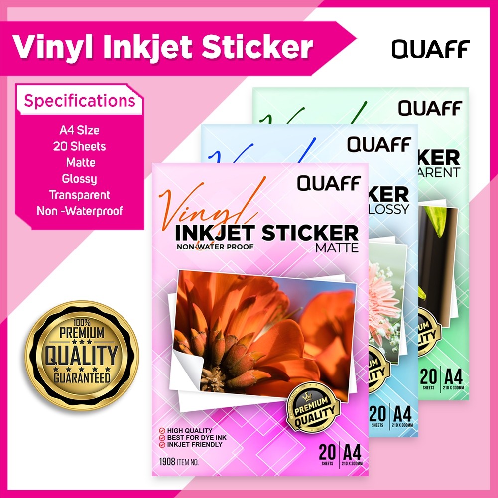 QUAFF Vinyl Inkjet Sticker Transparent / Glossy / Matte (20 Sheets) A4 ...