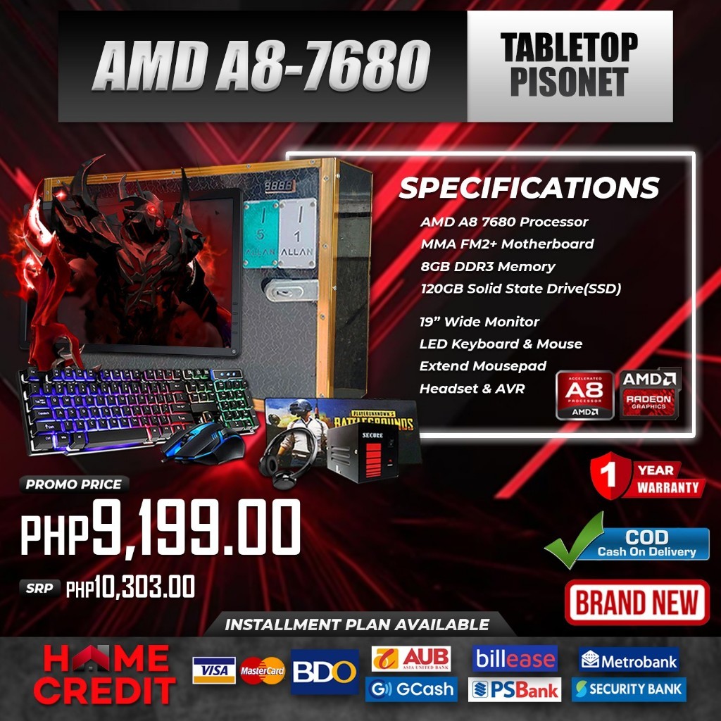 BRANDNEW TABLE TOP PISONET-AMD A8 7680 8GB DDR3 120GB SSD 19 INCHES ...