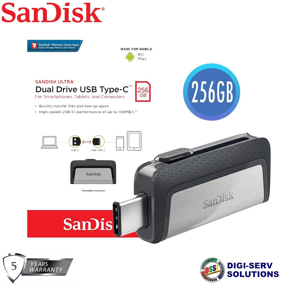 SanDisk Ultra SDDDC2 256GB OTG / Dual Drive USB 3.1 Type-C Reversible ...