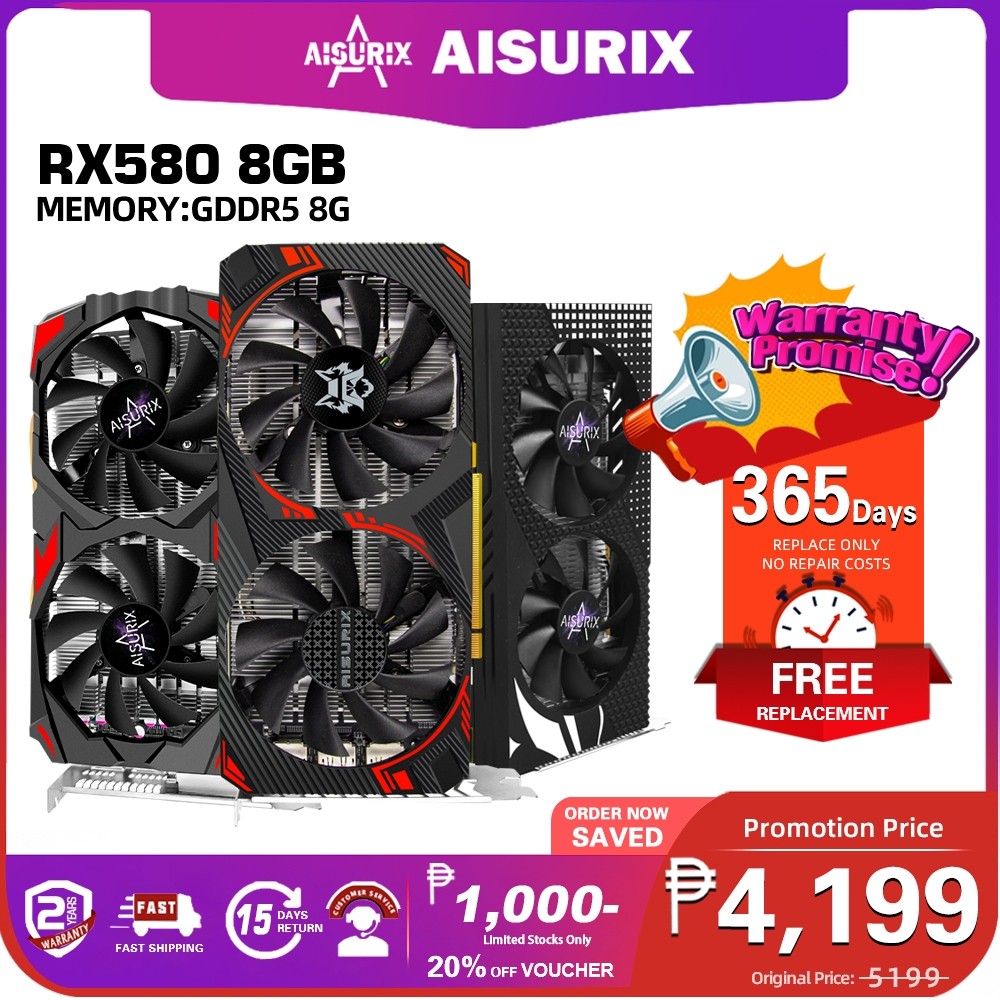 AISURIX RX580 8G Graphics Cards AMD GDDR5 GPU RX 580 8GB 256Bit 2048SP Computer PC Black Myth ...