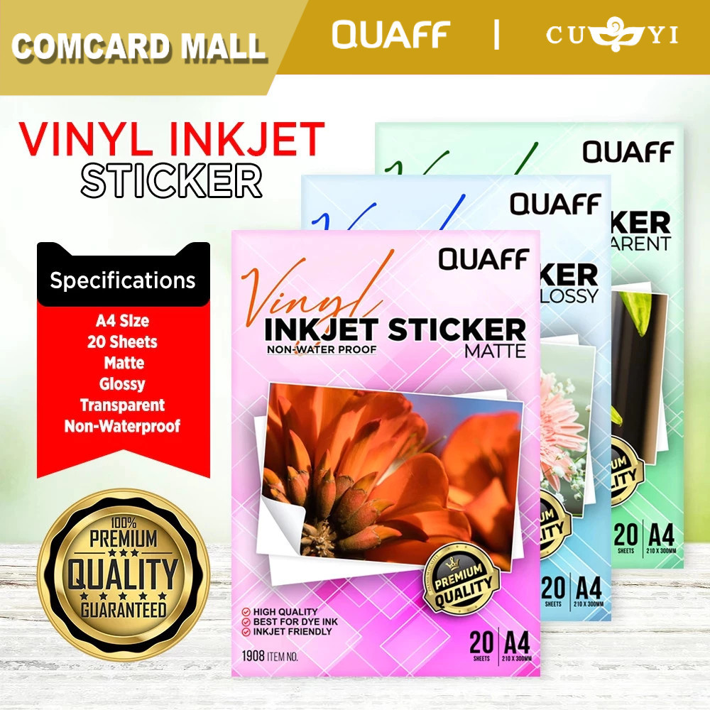 Quaff Vinyl Inkjet Sticker A4 Size Glossy/Matte/Transparent (20 Sheet ...