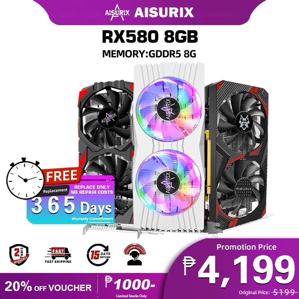 AISURIX AMD RX 580 8GB GDDR5 256Bit Graphics Card Dual Fans GPU Radeon ...