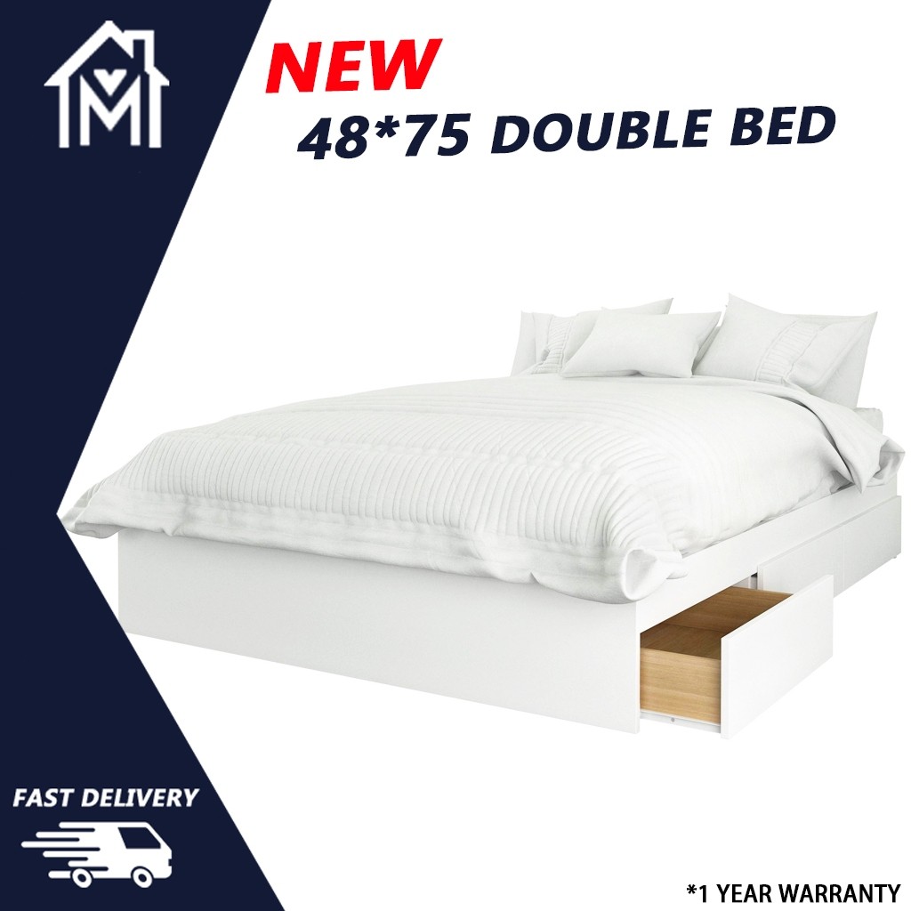 ISTER Wooden Double Bed Frame - Full White Bedframe Comes with 2 ...