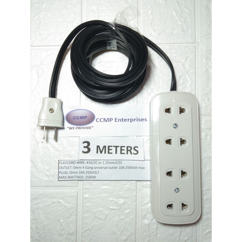 3 meters Heavy Duty Extension Cord wire (4)Four Gang flat cord #16 ...