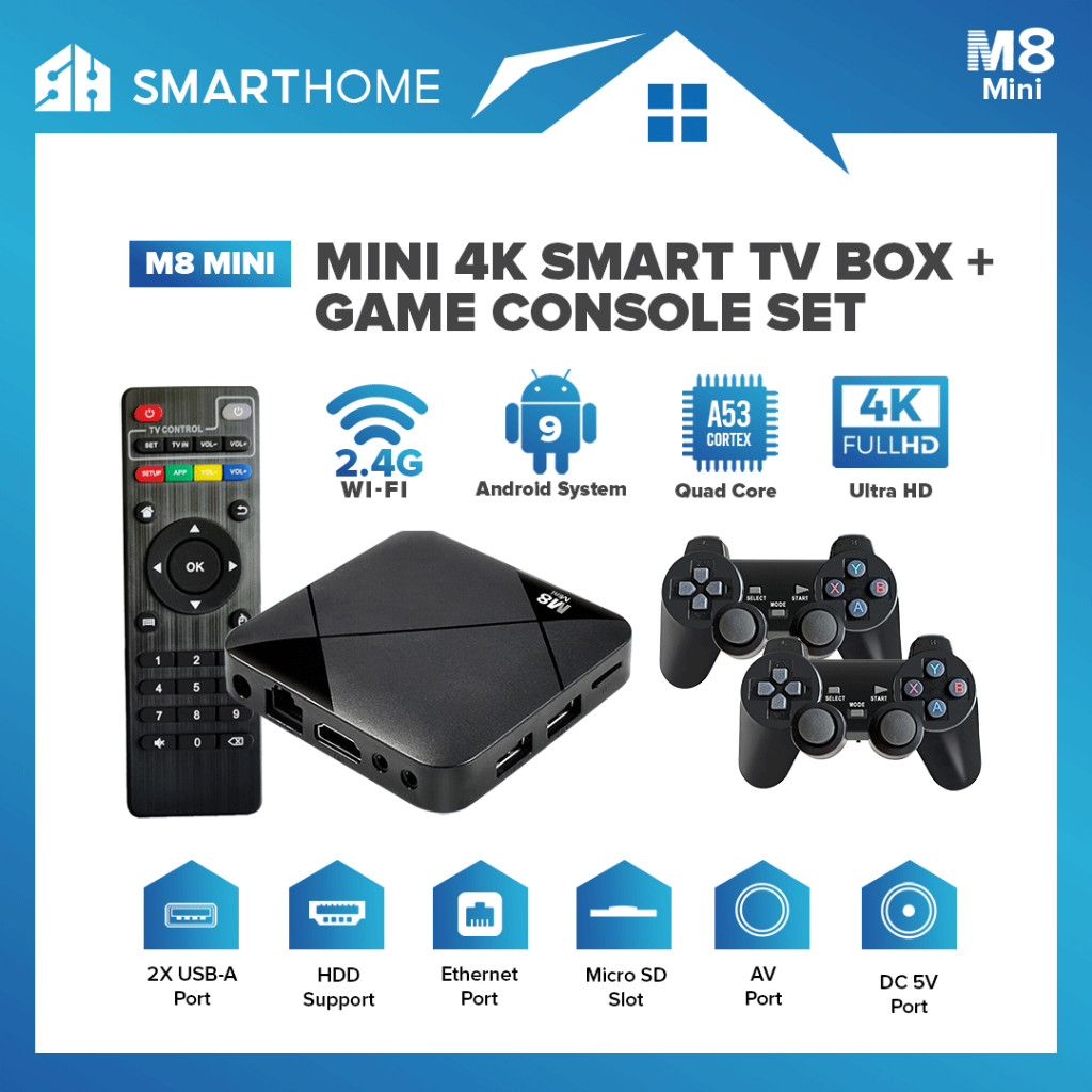 M8 Mini 1+8GB Smart TV Game Box Android 10 4K HD 2.4G WiFi TV Box 5000 ...