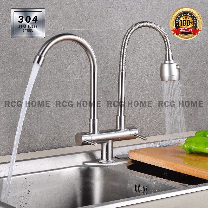 RCG SUS304 Double Dual Kitchen Faucet Flexible Single Cold Water Tap ...