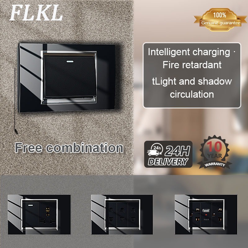 FLKL Wall Switch Light Switch Socket Type 86 Black Glass Panel PC Wall ...