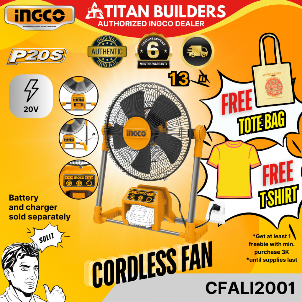 Ingco by Titan Cordless Fan 20V, 220-240V AC, 3 Speed Settings ...