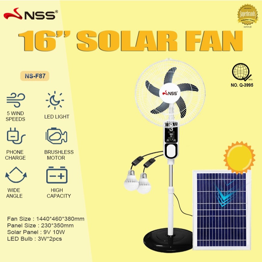 NSS Solar Rechargeable 16'' Electric Fan With Panel LED Light AC/DC ...