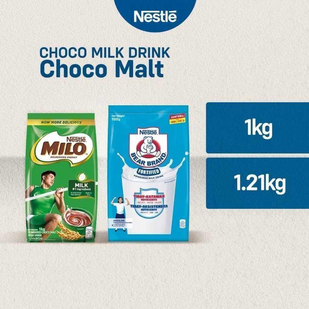 Milo Powdered Choco Malt Milk Drink 1kg + Bear Brand Fortified Powdered Milk Drink 1.21kg ...