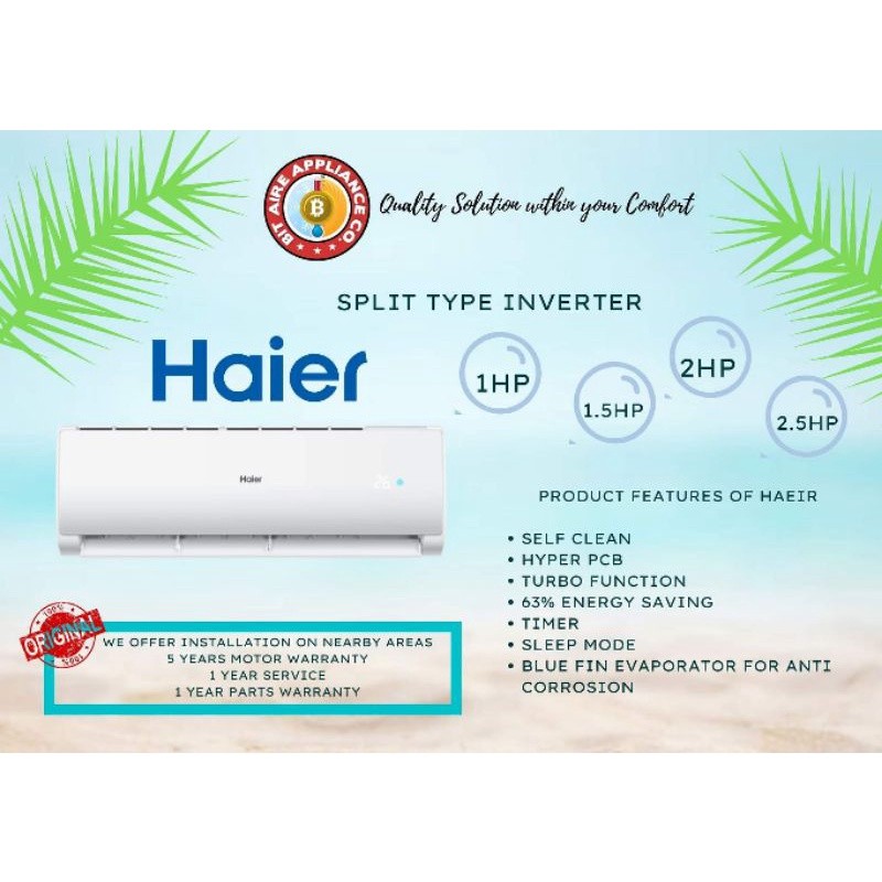 HAIER CLEAN COOL PRO CSV SERIES 1HP TO 2HP SPLIT TYPE INVERTER AIRCON ...