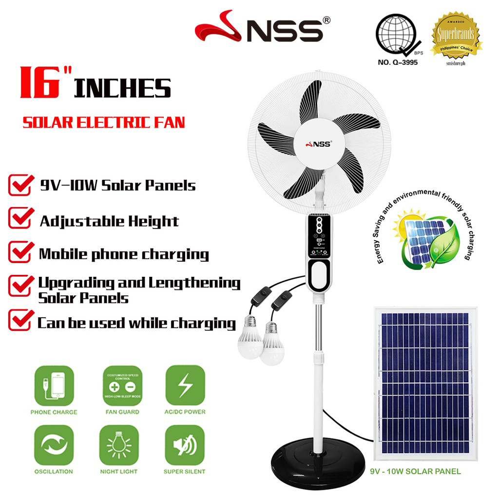 NSS solar fan with panel 16 Solar Electric Fan with light rechargeabl ...