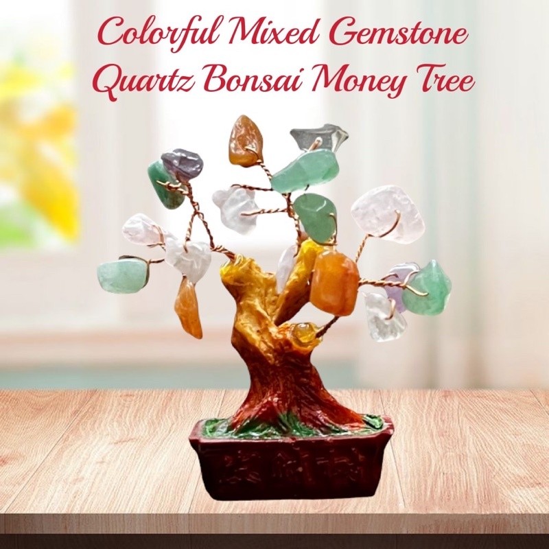 Colorful Mixed Gemstone Quartz Bonsai Money Tree Feng Shui Good Luck ...