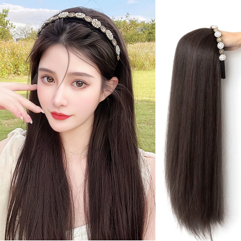 Rhinestone Headband Wig For Women Long Straight Hair Vintage Hair ...