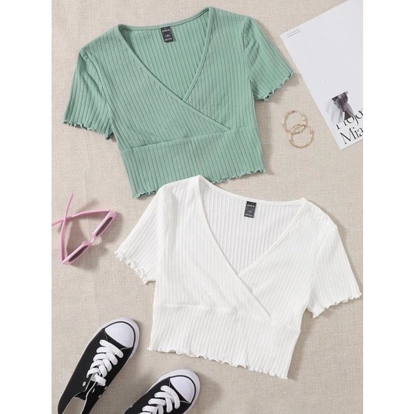 SS overlap KNIT tops NEW design V neck short sleeves blouse free size ...