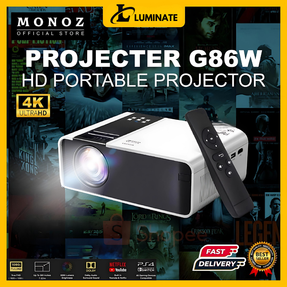 Monoz G86 PROJECTOR 6000 Lumens Projector 4K Ultra Full HD 1080P Short ...
