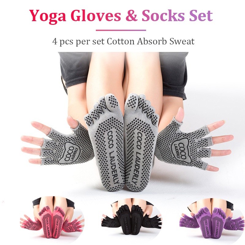 Yoga Gloves Yoga Socks Set 4 pcs per set Gym Home Exercise Pilates ...