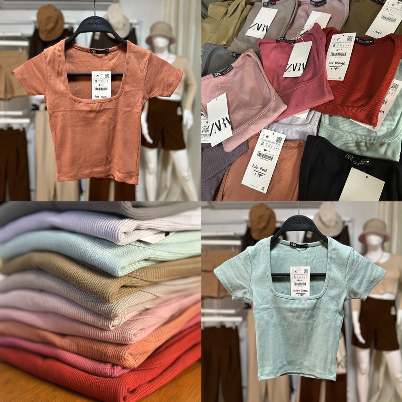 Zara square neck ribbed top plain semi crop korean trendy basic shirt ...