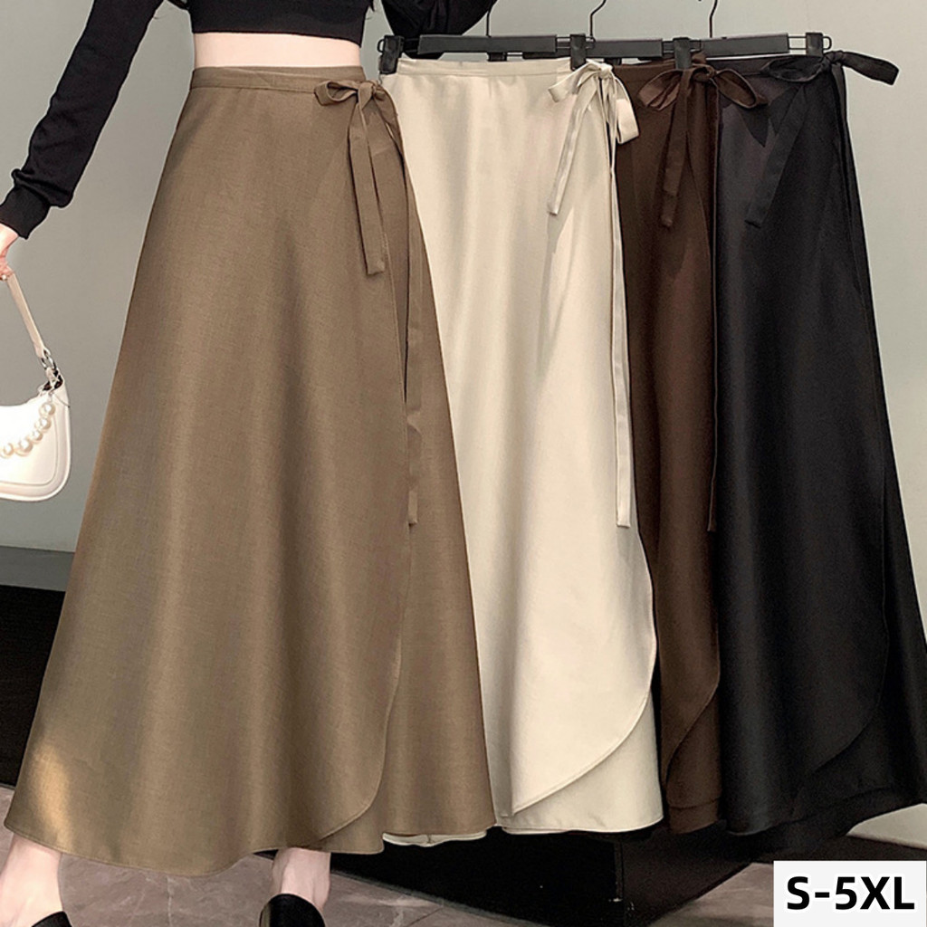Plus Size S-5XL Women's High Waist A-line Long Skirt Waist Drawstring ...