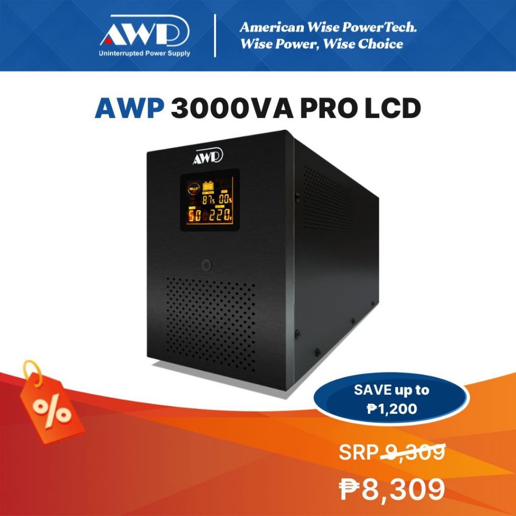 AWP Aide Pro LCD 1800W-3000VA UPS with AVR Uninterruptible Power Supply ...