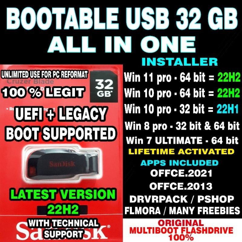 32GB Multi-Bootable USB Lifetime Activated with Many Premium Apps ...