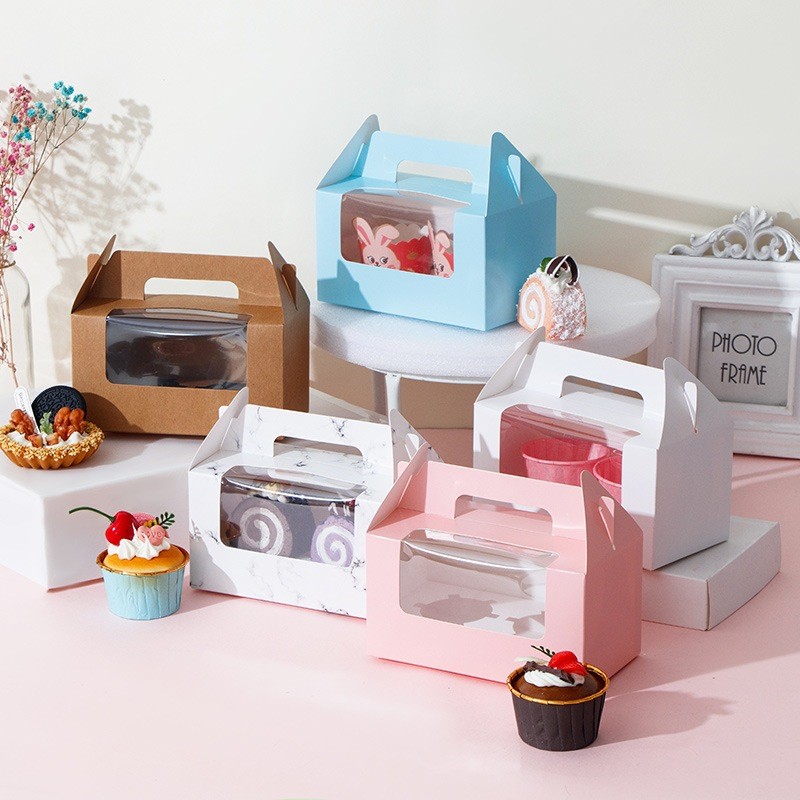 Pink Light Blue cupcake Box with handle, pastry box for muffins baked ...