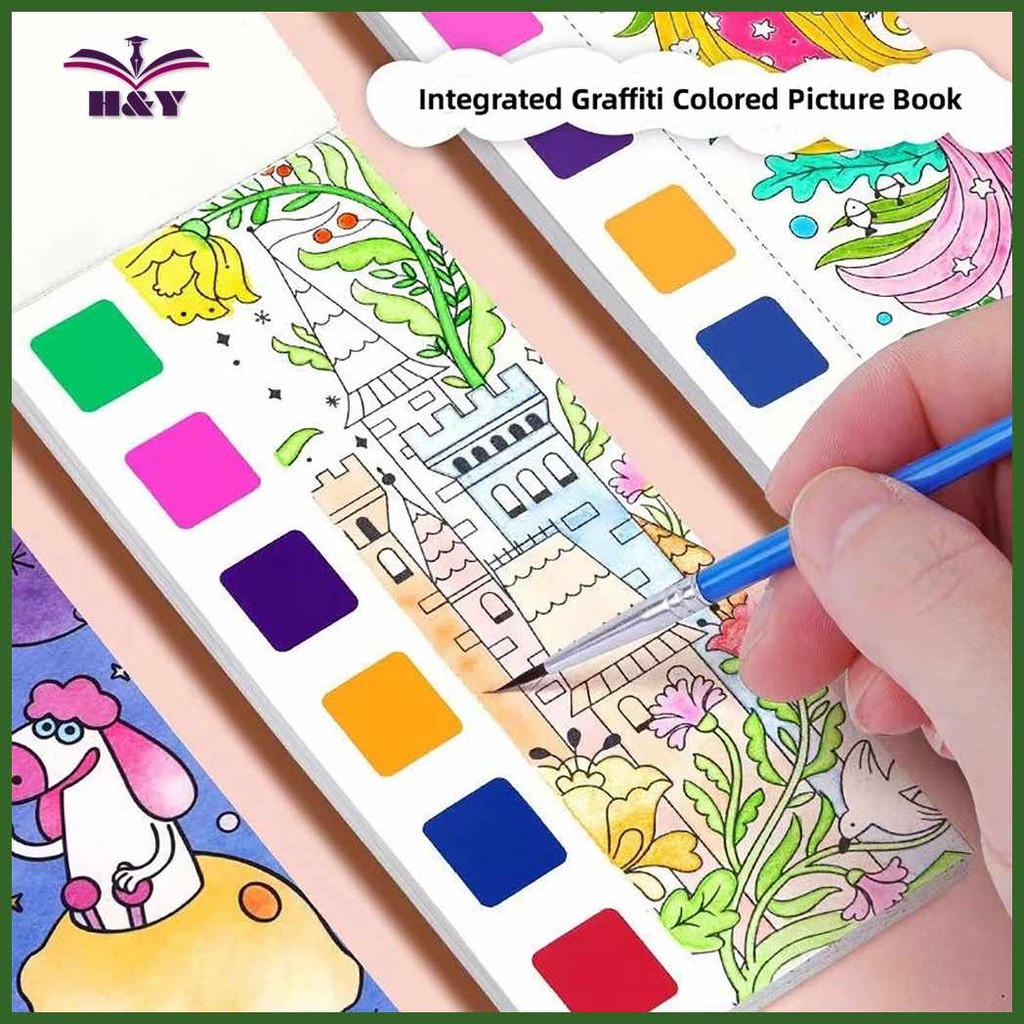 12 Sheets Painting Coloring Book Set with Paintbrush WaterColor for ...